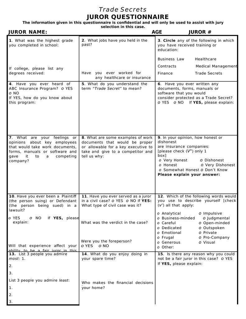 Trade Secrets JUROR QUESTIONNAIRE - Attorney Docs Trade Secrets JUROR QUESTIONNAIRE - Attorney Docs
