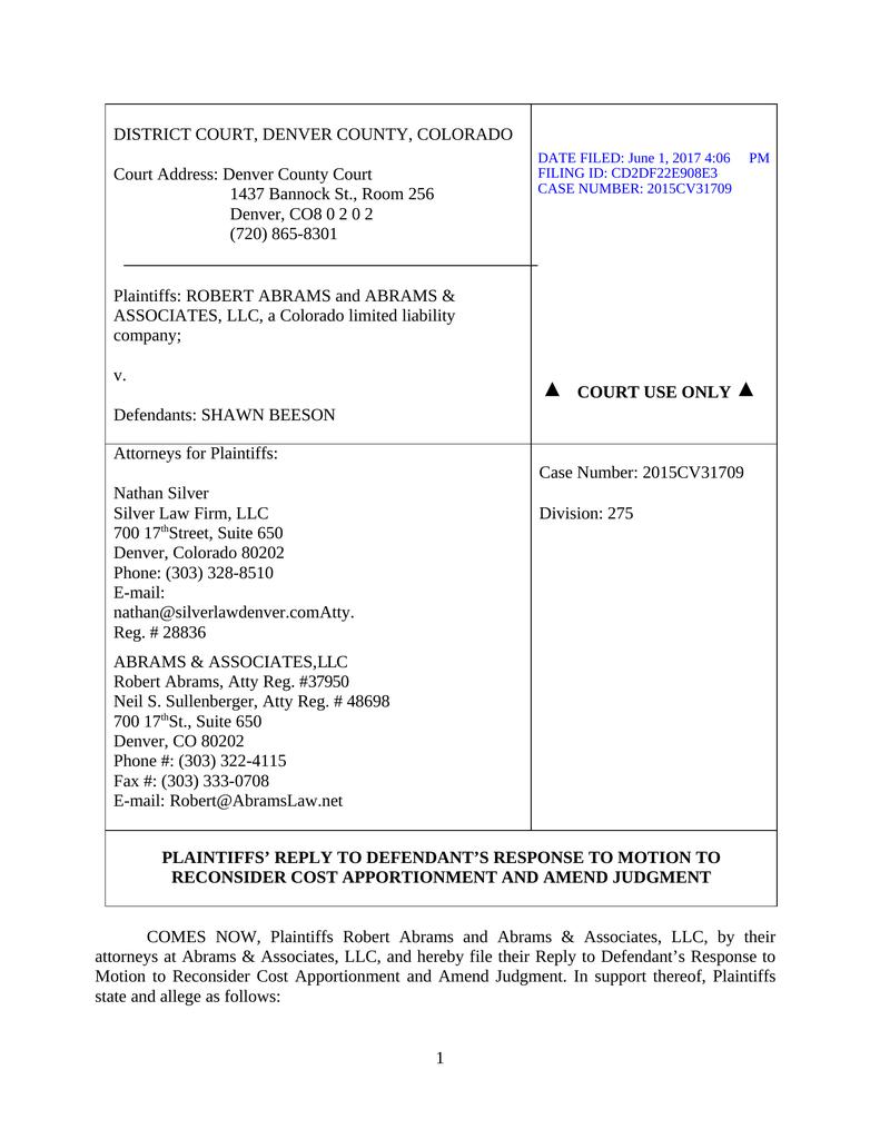 Plaintiffs Reply to Defendants Response to Plaintiffs Motion to ... Plaintiffs Reply to Defendants Response to Plaintiffs Motion to ...