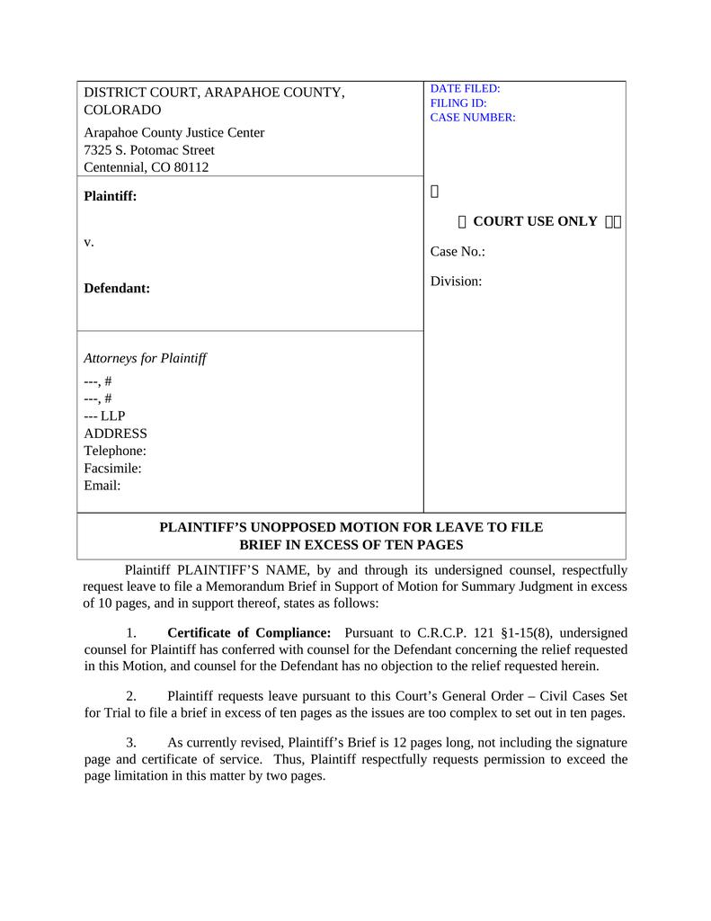 Plaintiff's Unopposed Motion for Leave to File Brief in Excess of Ten ... Plaintiff's Unopposed Motion for Leave to File Brief in Excess of Ten ...