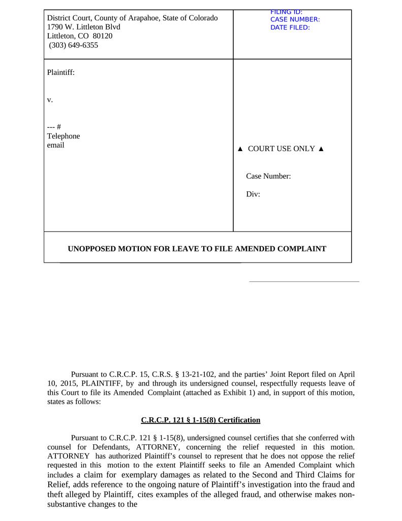 UNOPPOSED MOTION FOR LEAVE TO FILE AMENDED COMPLAINT - Attorney Docs UNOPPOSED MOTION FOR LEAVE TO FILE AMENDED COMPLAINT - Attorney Docs