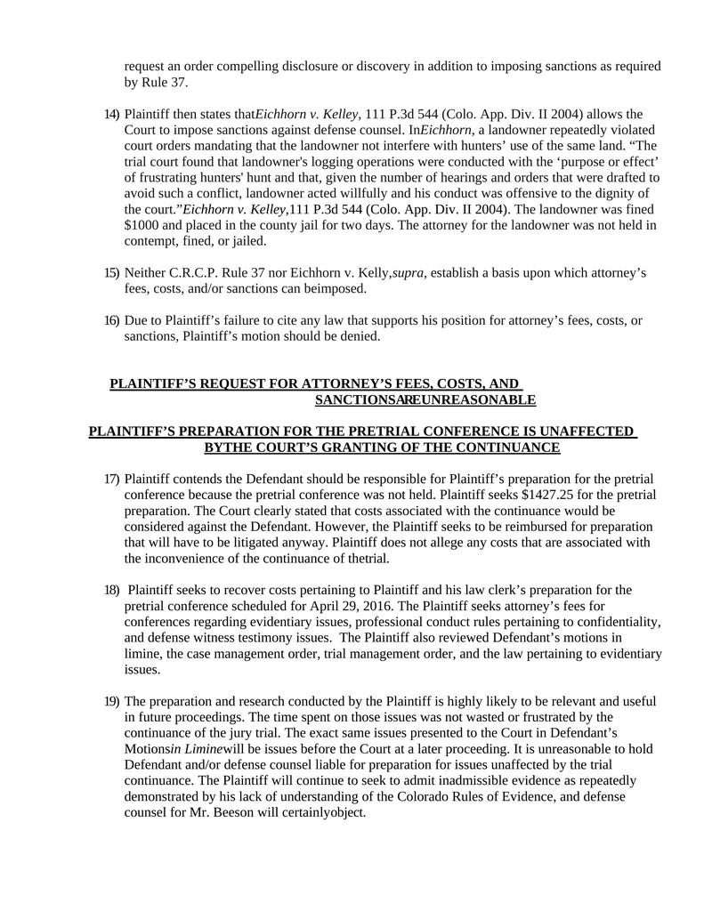 Defendants Response to Plaintiffs Motion for Attorneys Fees & Costs ... Defendants Response to Plaintiffs Motion for Attorneys Fees & Costs ...