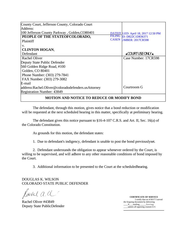 Motion and Notice to Reduce or Modify Bond - Criminal Defense Legal ... Motion and Notice to Reduce or Modify Bond - Criminal Defense Legal ...