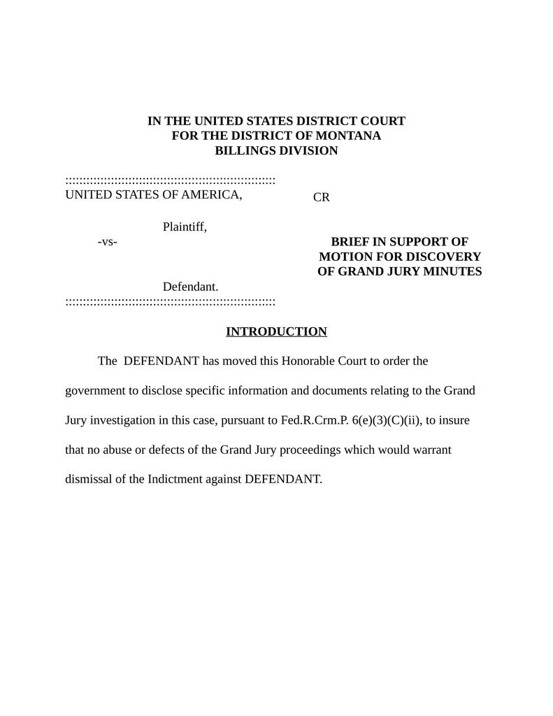 Brief For Motion For Discovery Of Grand Jury Minutes Attorney Docs