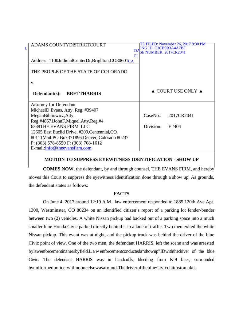 Motion to Suppress Eyewitness Identification - Criminal Defense Legal ... Motion to Suppress Eyewitness Identification - Criminal Defense Legal ...
