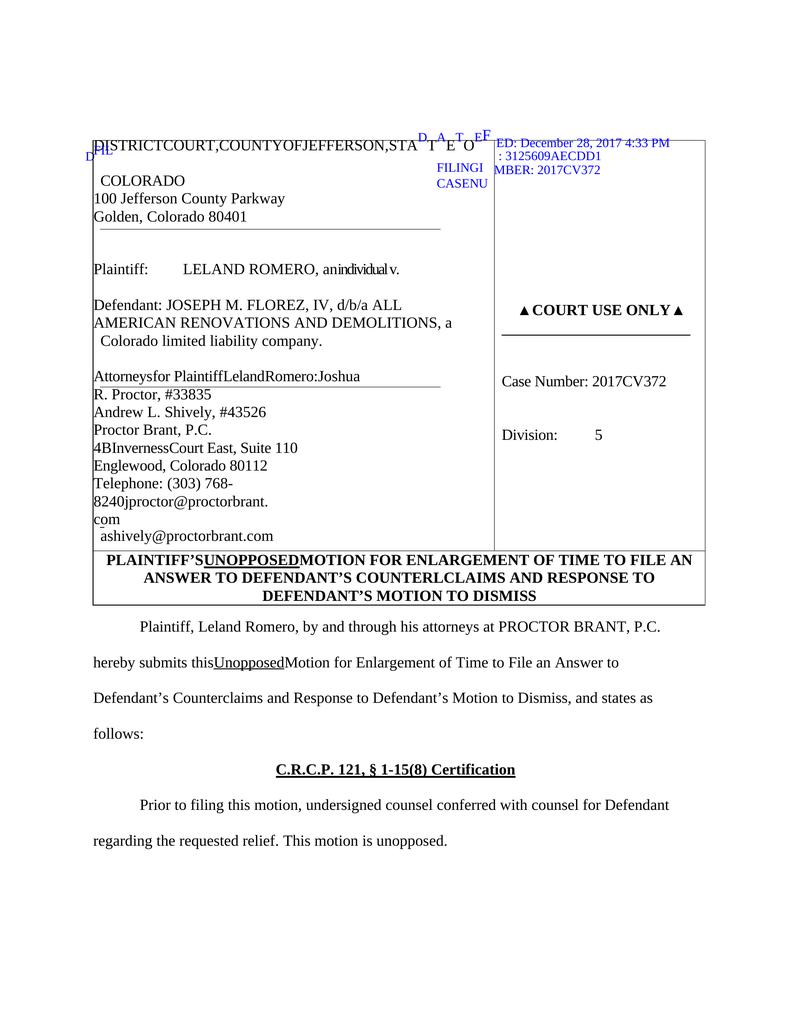 Plaintiffs Unopposed Motion for Enlargement of Time to File - Attorney Docs Plaintiffs Unopposed Motion for Enlargement of Time to File - Attorney Docs