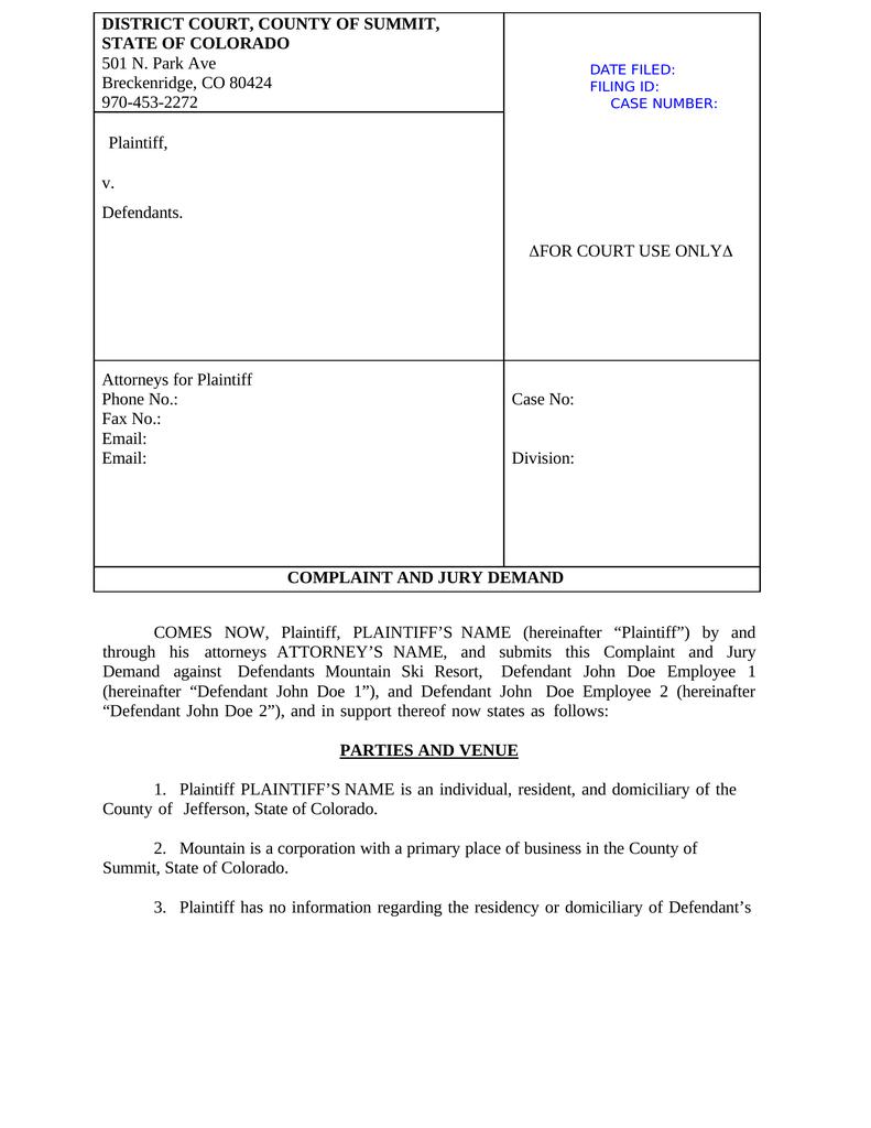 Complaint for Premise Liability against Ski Area - Attorney Docs Complaint for Premise Liability against Ski Area - Attorney Docs