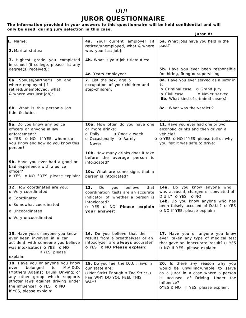 DUI JUROR QUESTIONNAIRE - Attorney Docs DUI JUROR QUESTIONNAIRE - Attorney Docs