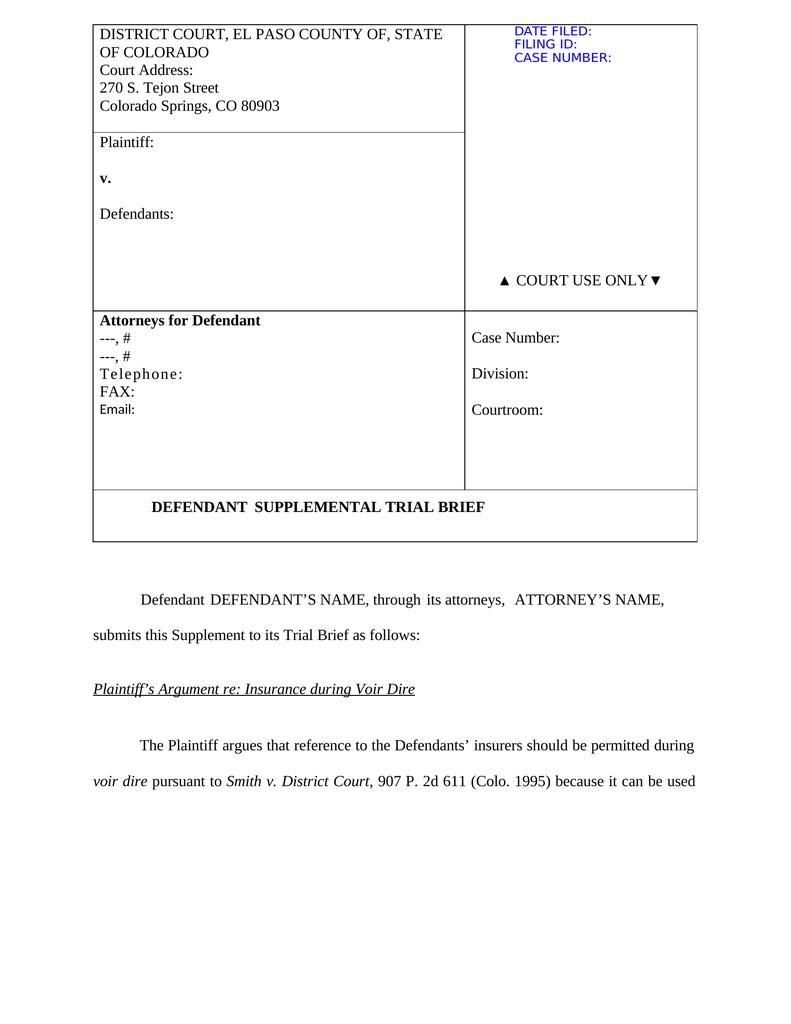 Defendant Supplemental Trial Brief - Attorney Docs Defendant Supplemental Trial Brief - Attorney Docs